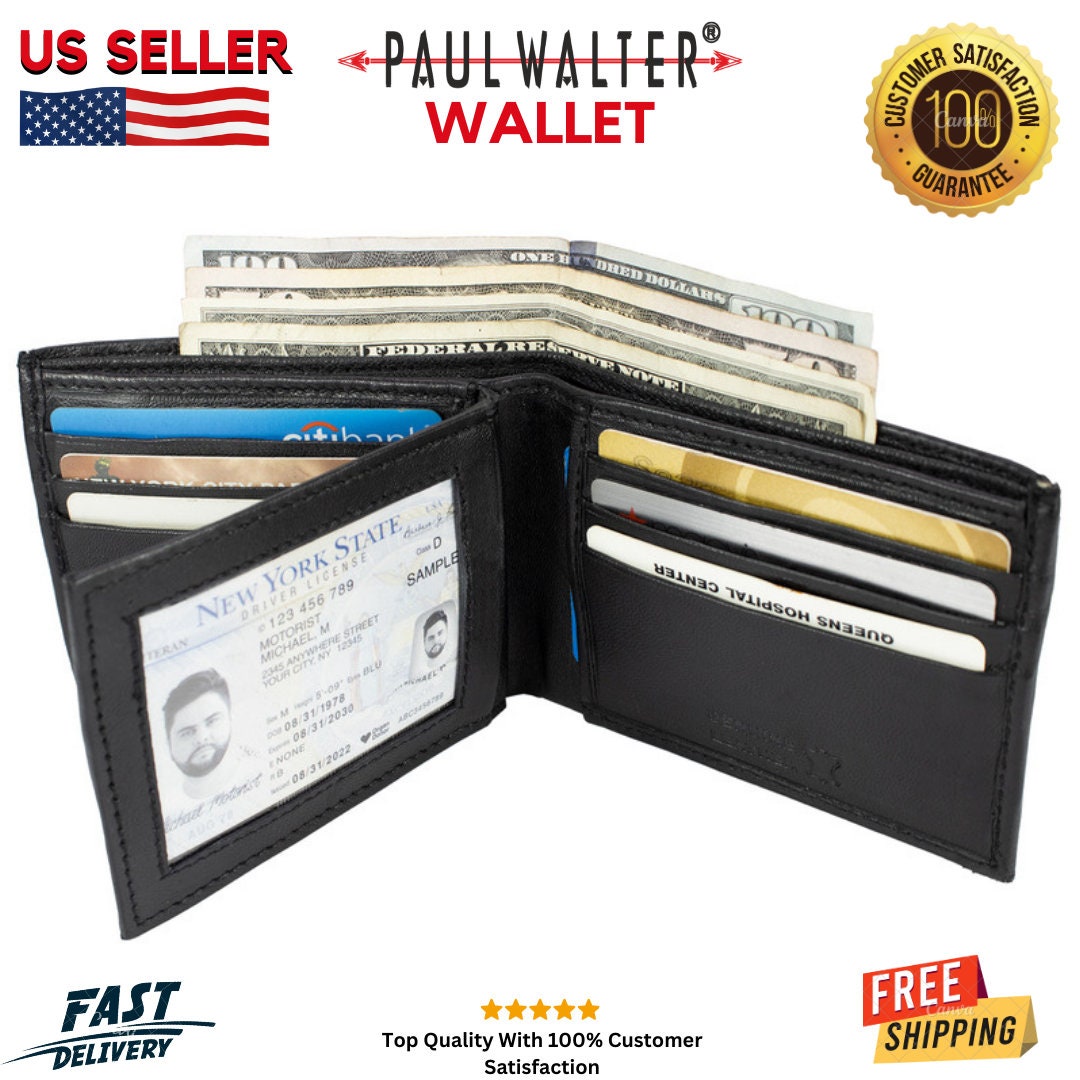 Men's Wallet ID Card Organizer Black Lambskin Leather Bifold Stylish ...