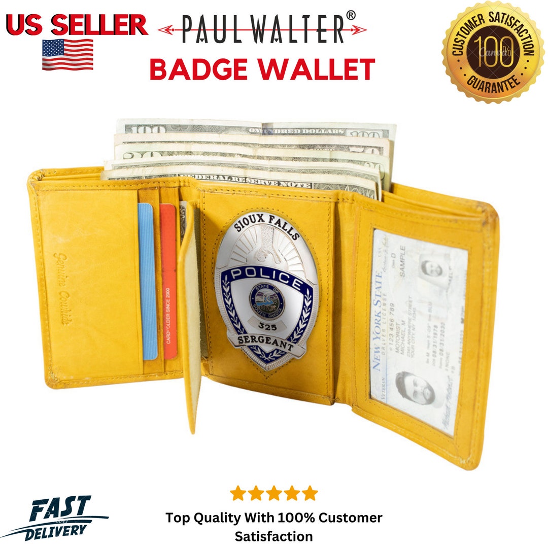 Genuine Leather Police ID Badge Holder Shield Badge Trifold Wallet With ...
