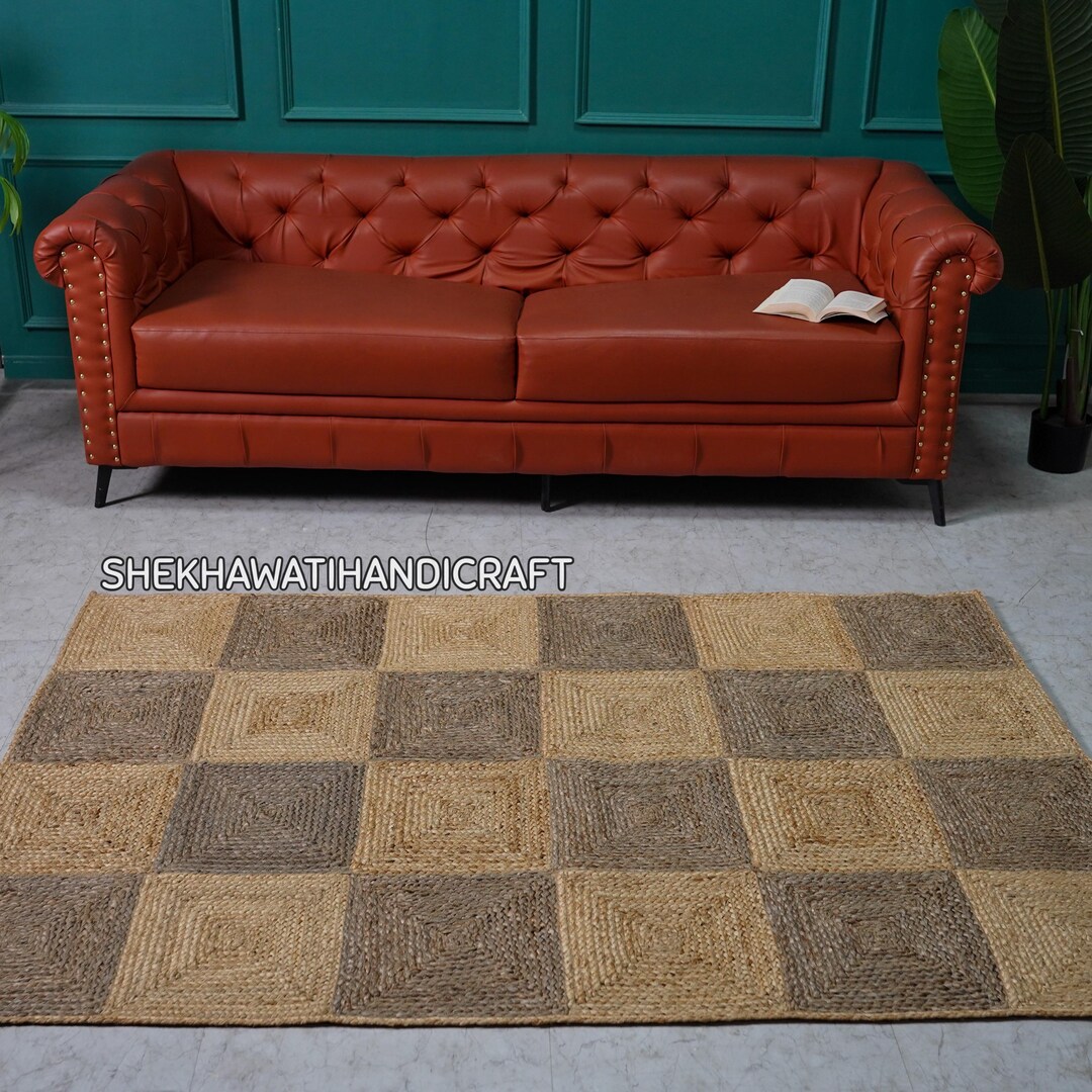 Checkered Jute Rug, Custom Size Runner Rug, Hallway Runner, Boho Jute ...