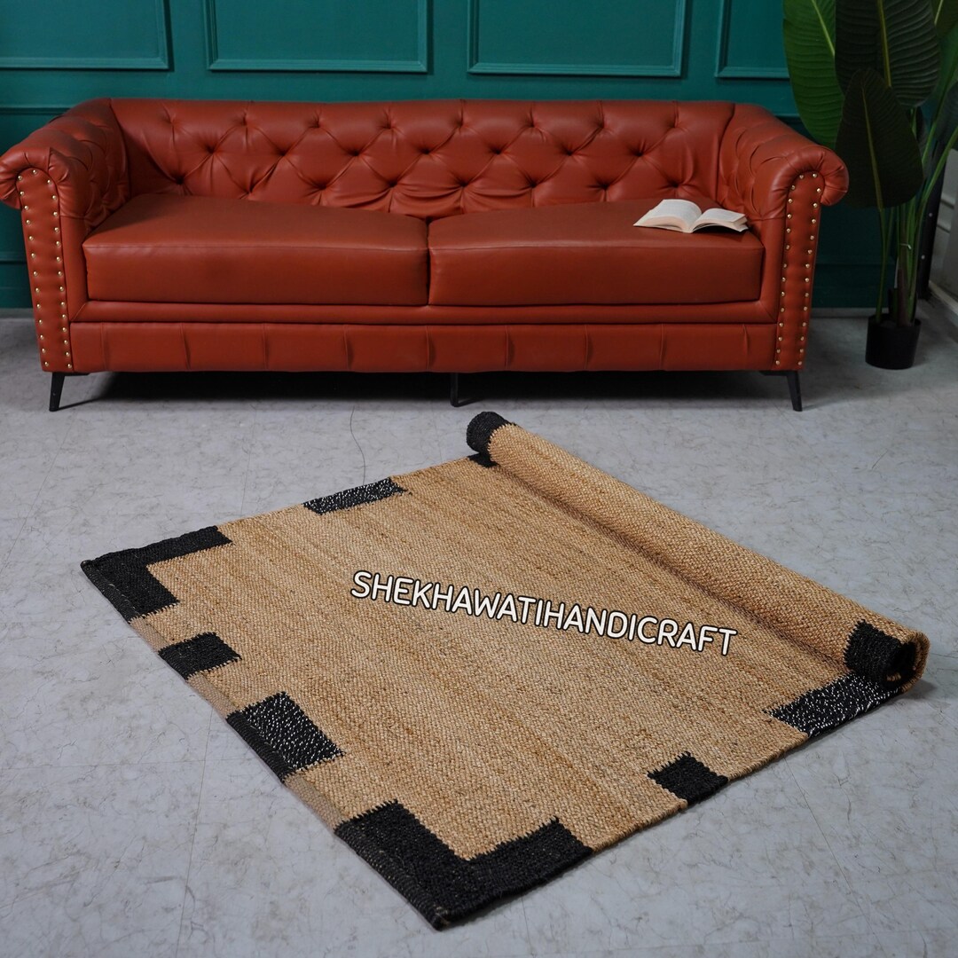 Black Border Jute Rug, White Area Rug, Custom Size Rug, Boho Jute Rug ...