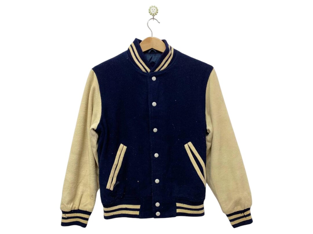 Vintage Navy Wool Letterman Jacket | Cream Leather Sleeves, 80s Stadium ...