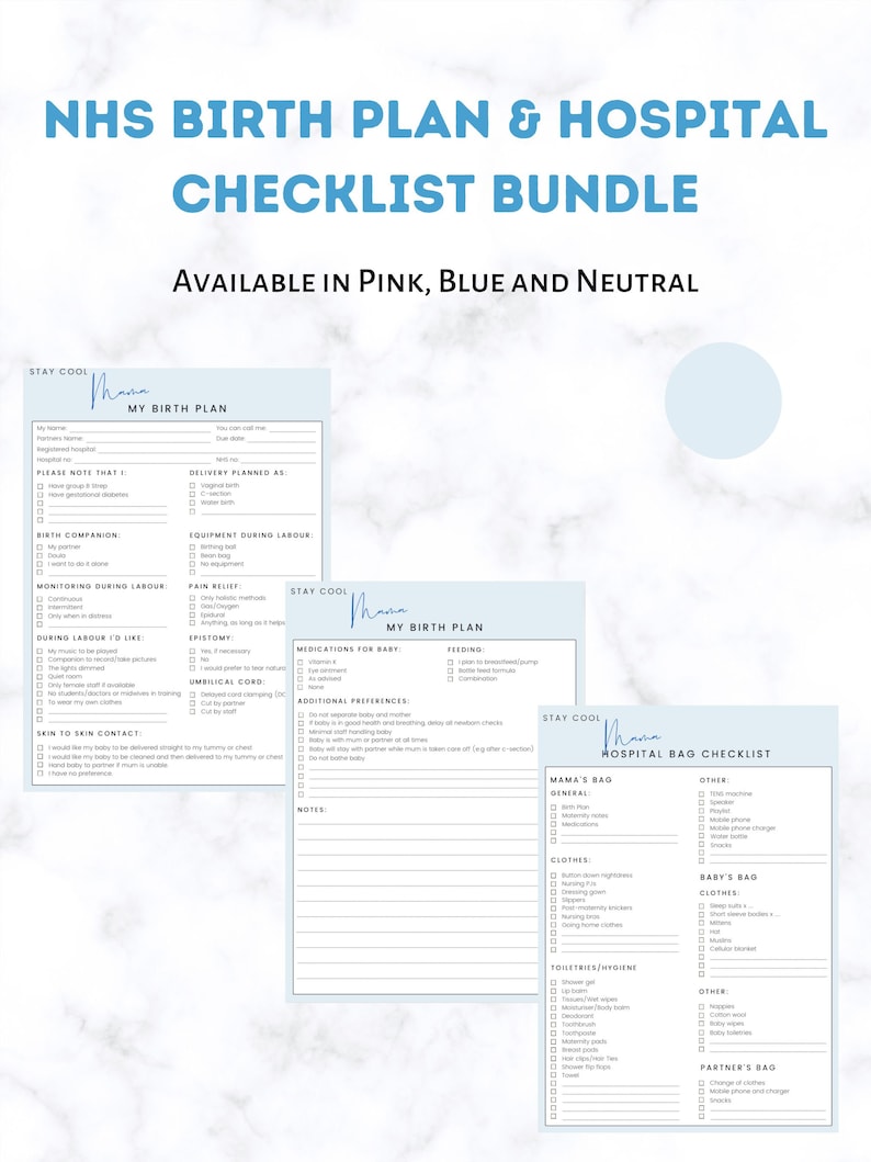 UK NHS Birth Plan & Hospital Bag Checklist - BLUE - Etsy