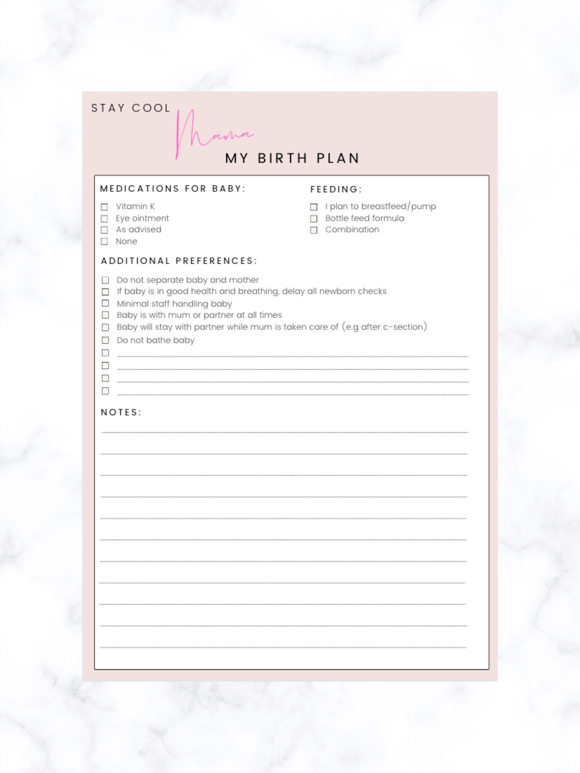 UK NHS Birth Plan & Hospital Bag Checklist Pink - Etsy