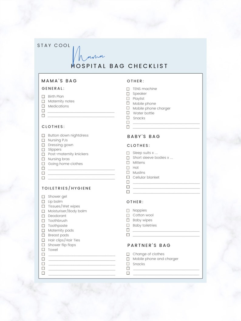 UK NHS Birth Plan & Hospital Bag Checklist BLUE - Etsy