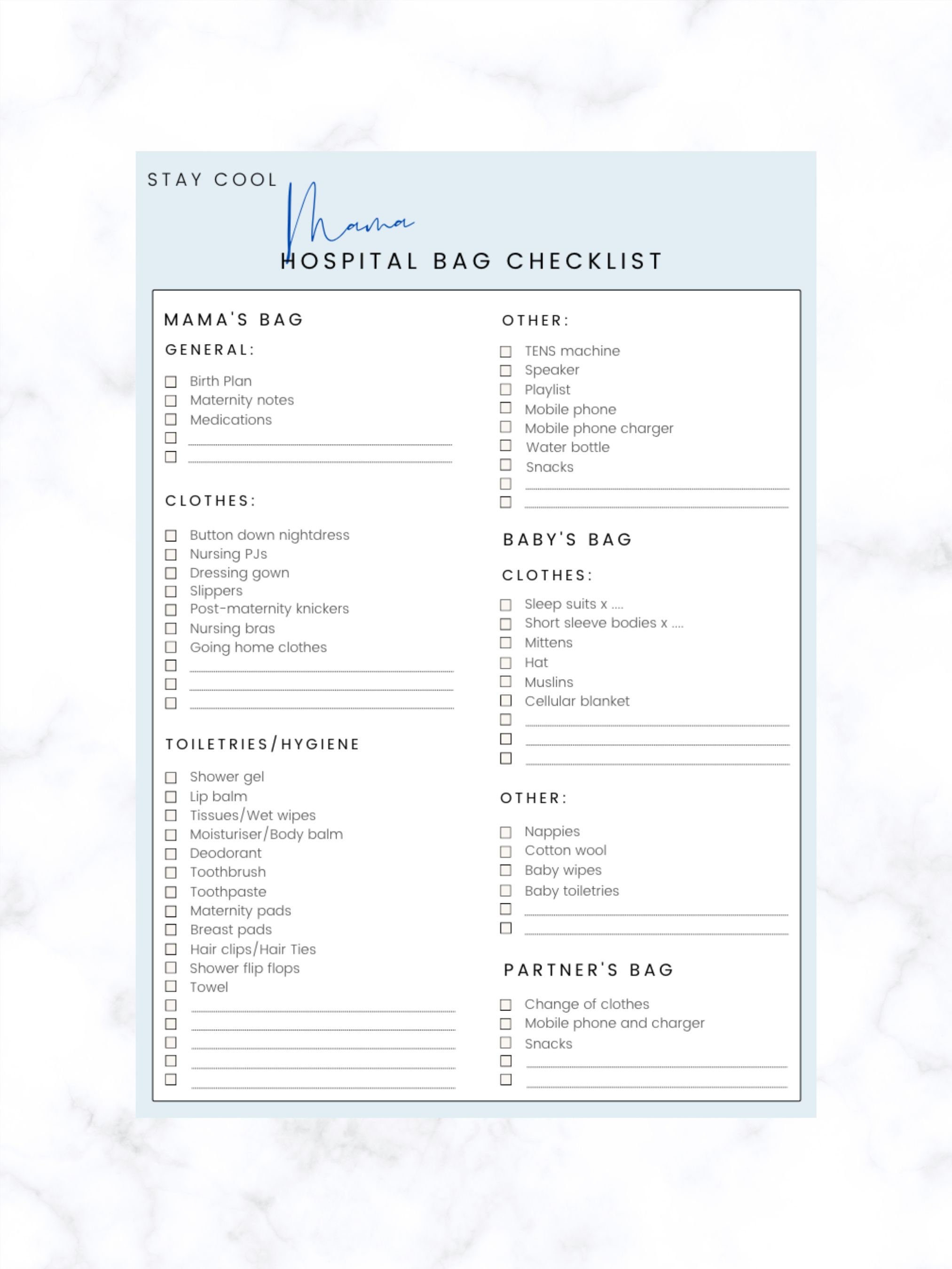 UK NHS Birth Plan & Hospital Bag Checklist - BLUE - Etsy UK