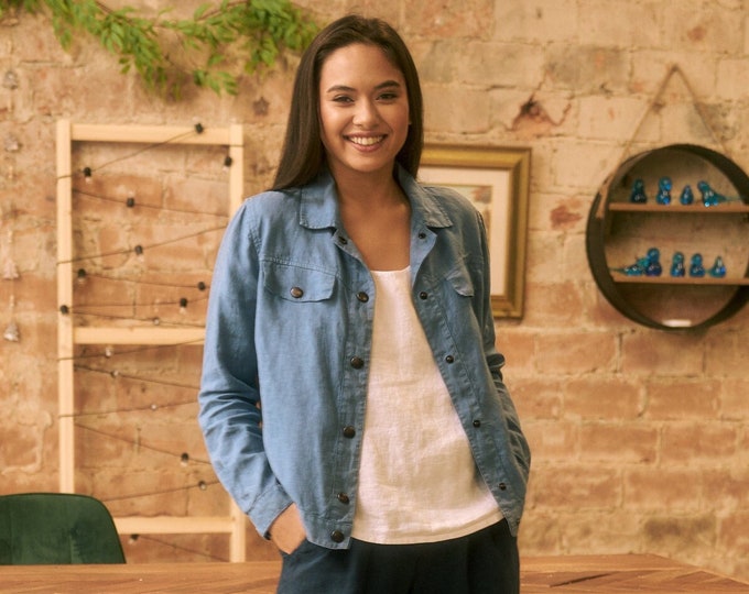 Blue Denim Linen Blazer, Snaps Button Linen Jacket, Collared Linen ...