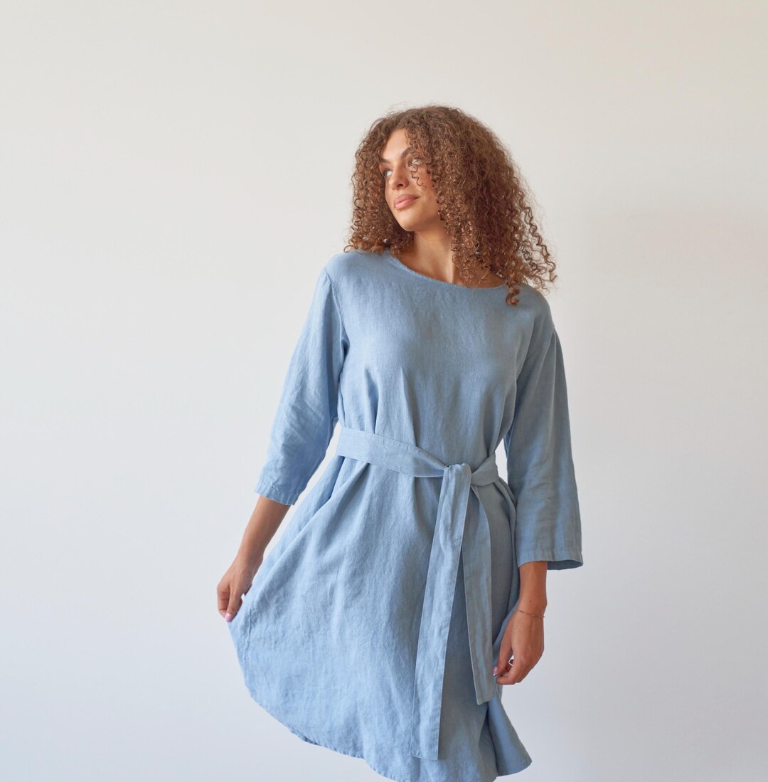 Bridesmaid Linen Dress, Flared Blue Dress With Belt, Boat Neck Long ...