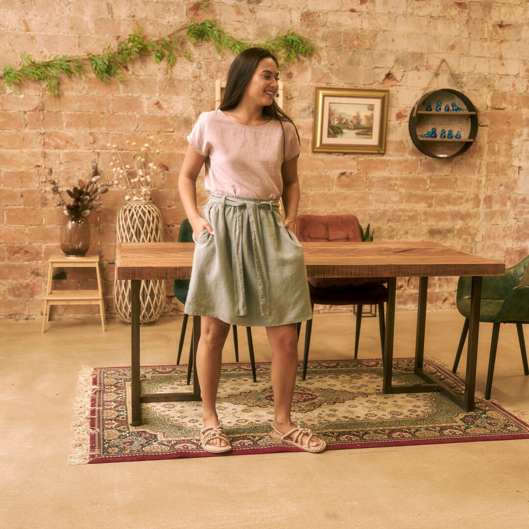 Green Linen Mini Skirt With Pockets, Elastic Waist Green Short Skirt ...