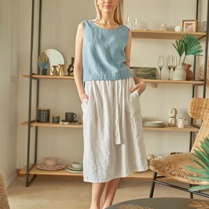 Sleeveless Light Blue Linen Crop Top, High Low Hem Blue Linen Vest Top ...