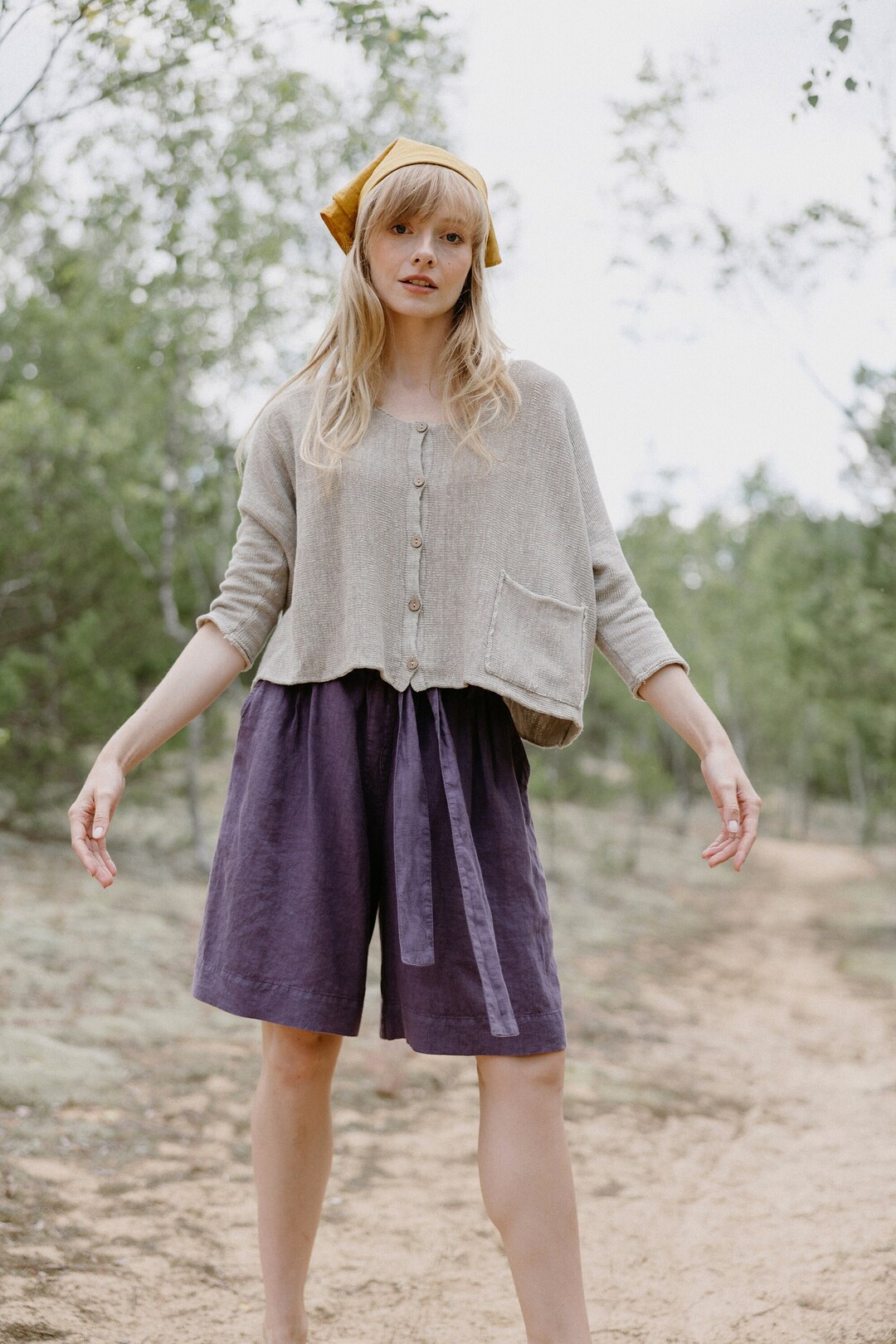 Button Front Beige Linen Knit Cardigan With Pocket, Handknitted Loose ...