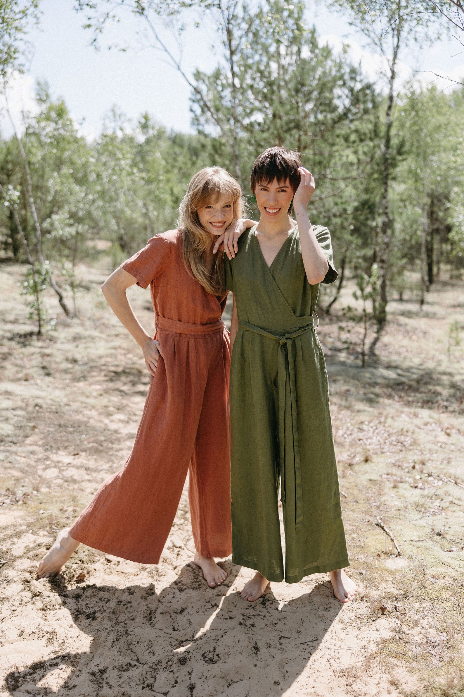 V Neck Short Sleeves Wrap Culottes Leg Orange Linen Jumpsuit, Short ...