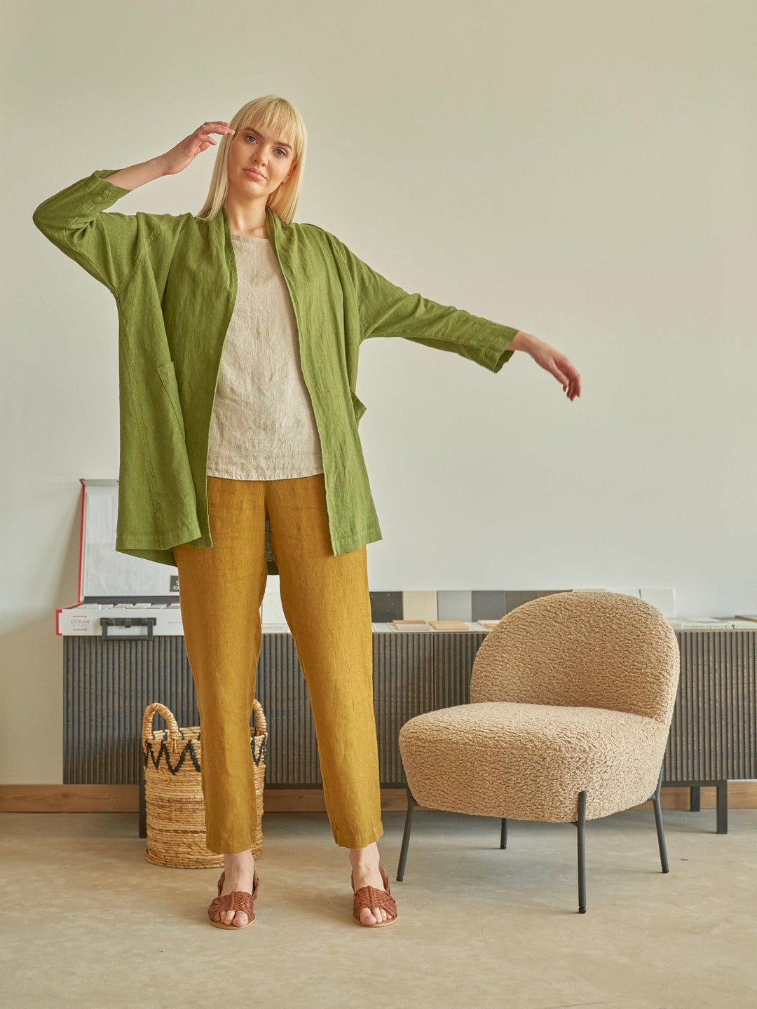Green Open Type Loose Green Linen Jacket, Khaki Linen Cardigan Coat ...