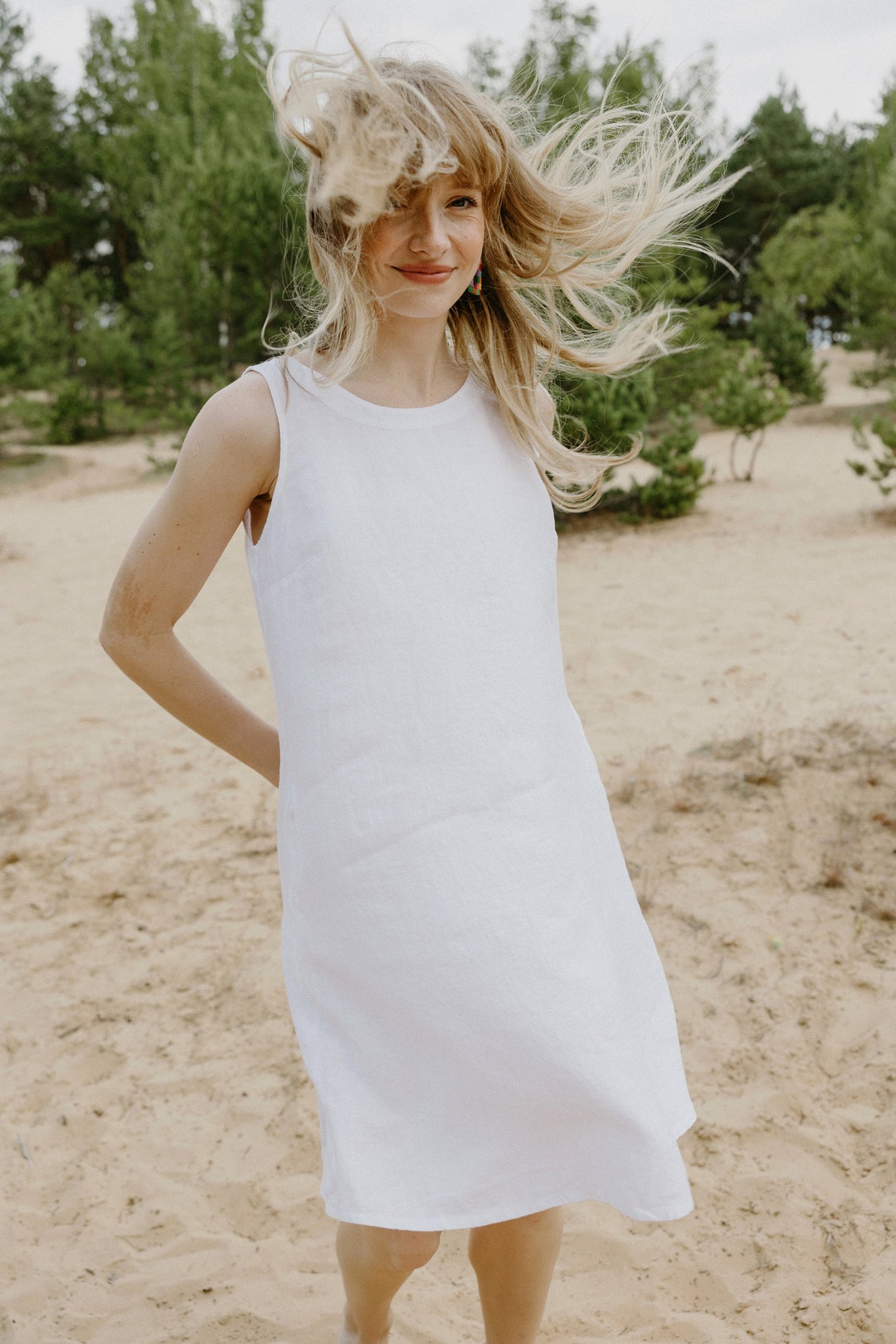 White Sleeveless Linen Dress With Pockets, Short Minimalistic Linen ...