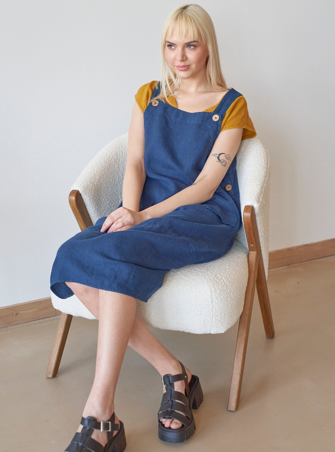 Strappy Navy Linen Overall Dress With Pockets, Strappy Buttons ...