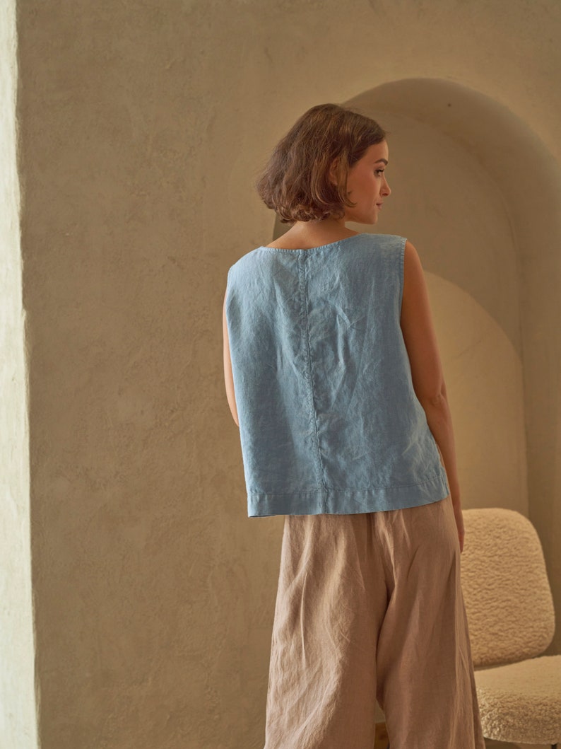 Sleeveless Light Blue Linen Crop Top, High Low Hem Blue Linen Vest Top ...