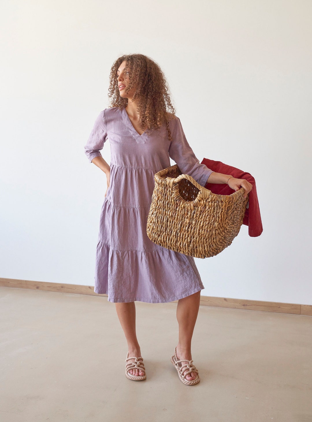 V Neck Cropped Sleeves Tiered Violet Linen Midi Dress, V Neck Mocked ...