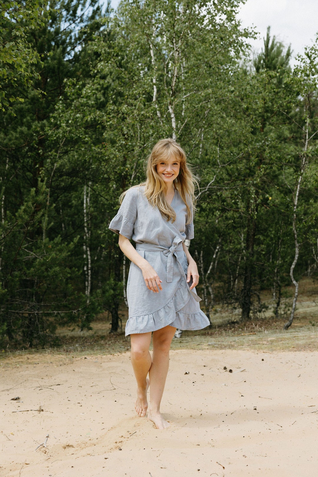 SAMPLE SALE Wrap Gray Linen Mini Dress With Pockets, Wrap Grey Dress ...