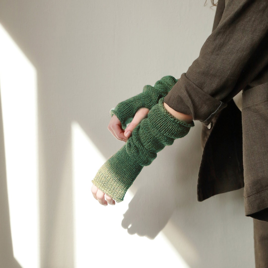 Green Handknitted Wool Knit Arm Warmers, Non Itchy Green Wool Knit ...