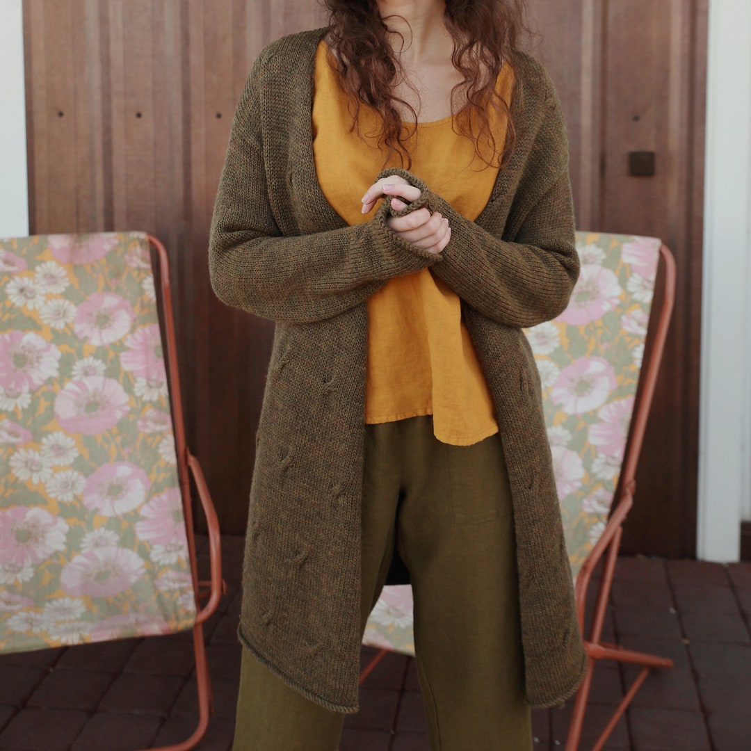 Open Type Long Brown Wool Knit Cardigan, Handmade Wool Knit Long ...