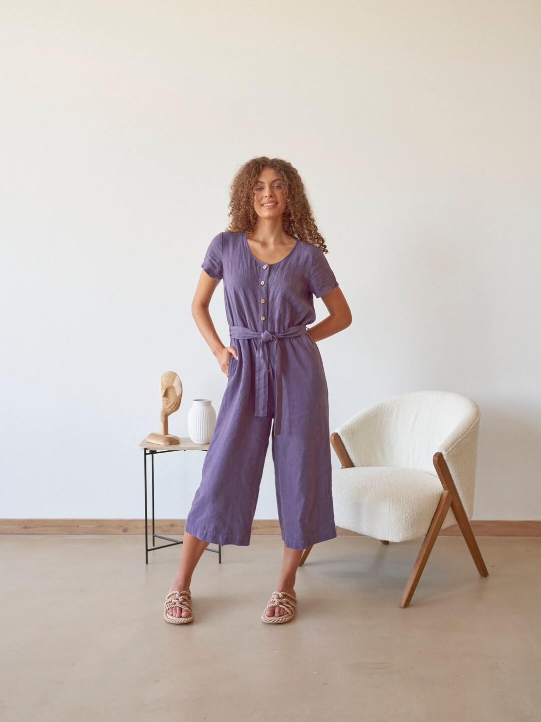 Buttons Front Violet Linen Jumpsuit With Pockets, Short Sleeves Cropped ...