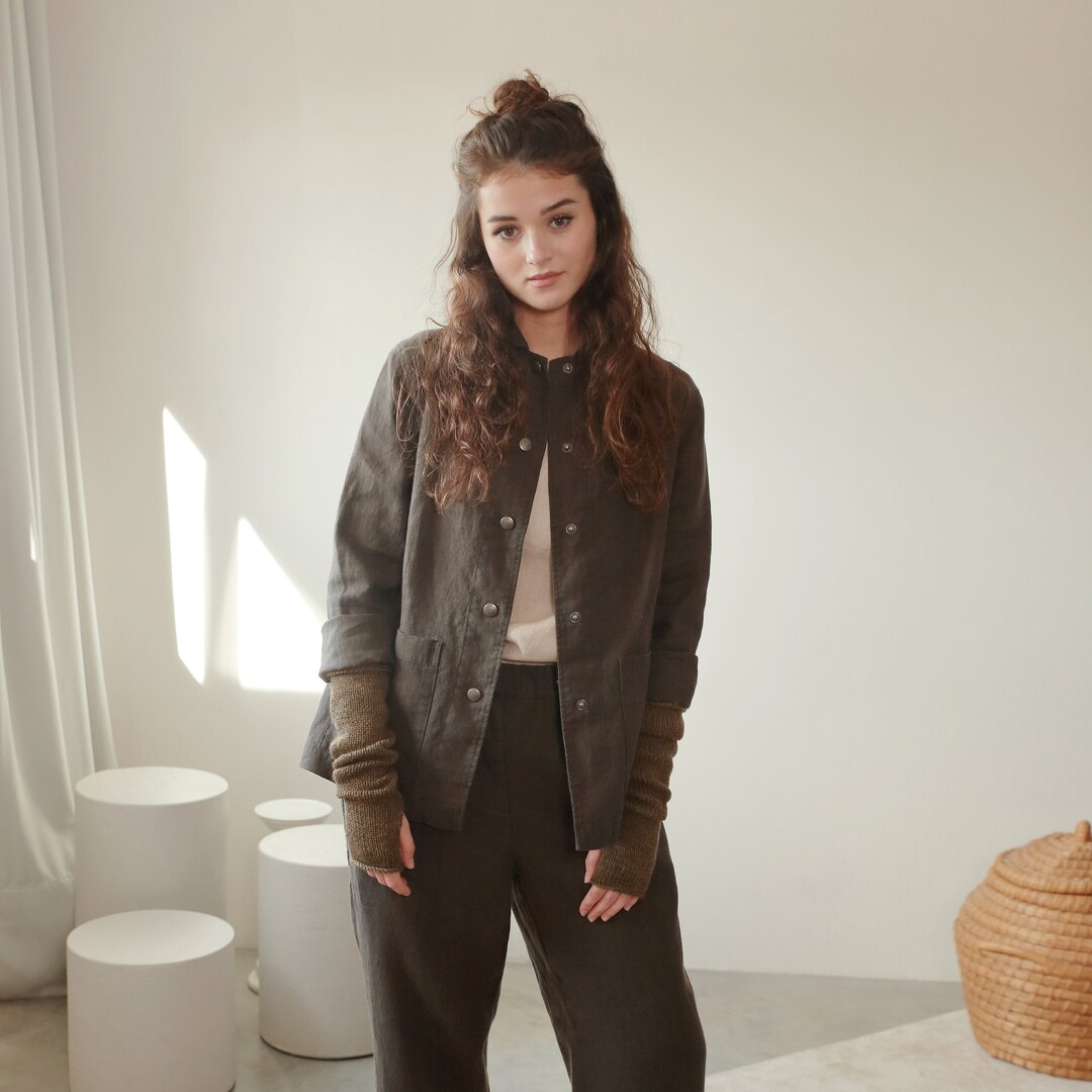 Brown Linen Jacket Snaps Jacket Snaps Blazer Heavy Linen - Etsy