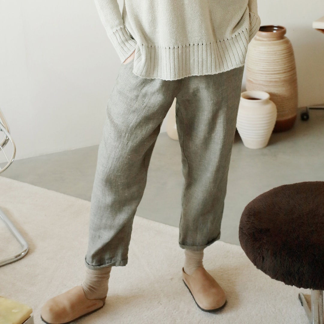 Mélange Heavy Linen Trousers With Pockets, Pleated Heavy Linen Pants ...