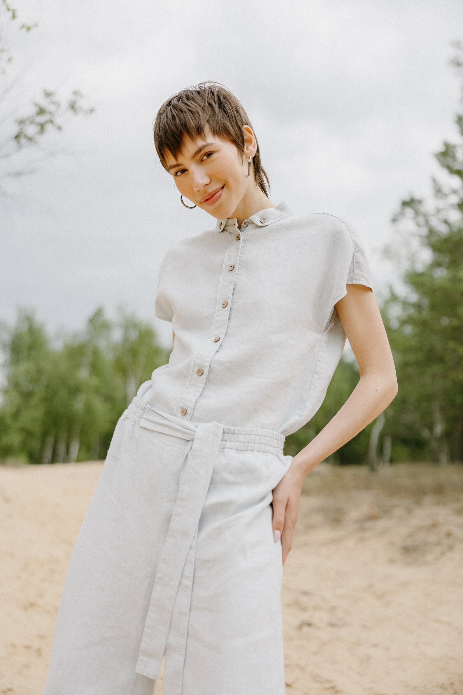 Gray Peter Pen Collar Linen Shirt, Buttoned Collar Linen Shirt, Grey ...