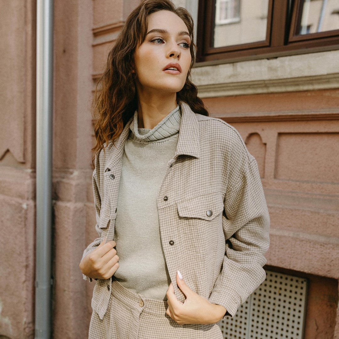 Light Brown Oversized Trucker Jacket in Heavier Linen, Snaps Closure ...