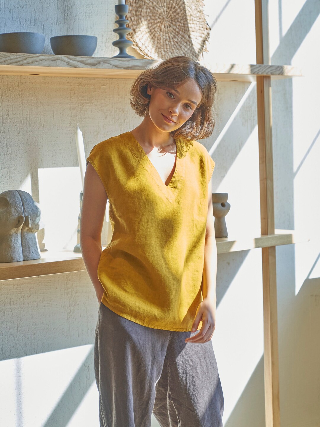 Yellow Linen Top V Neck Top Drop Shoulders Top Short Sleeves Top ...
