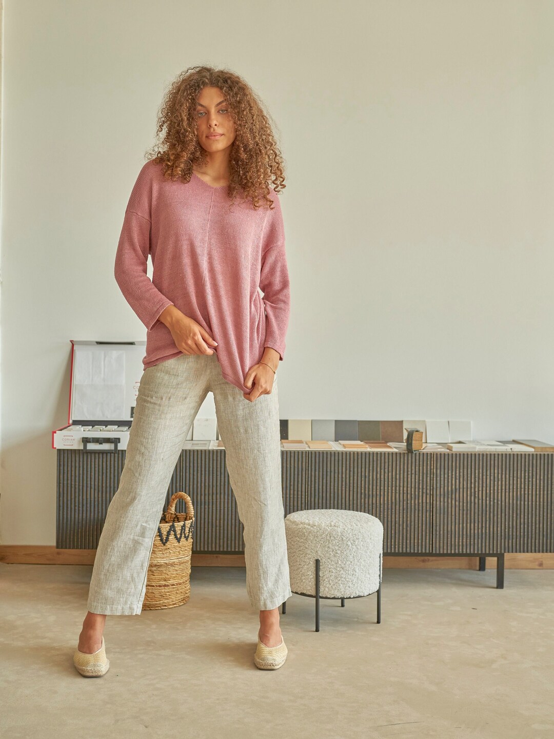Pink Handknitted Linen Jumper, Front Seam Linen Knit Jumper With Long ...