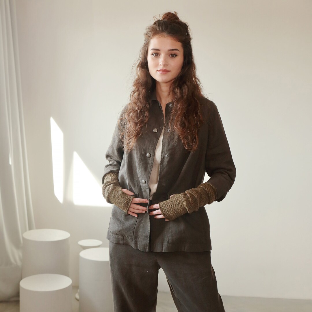 Brown Heavy Linen Jacket With Snaps Button Closure, Brown Heavy Linen ...