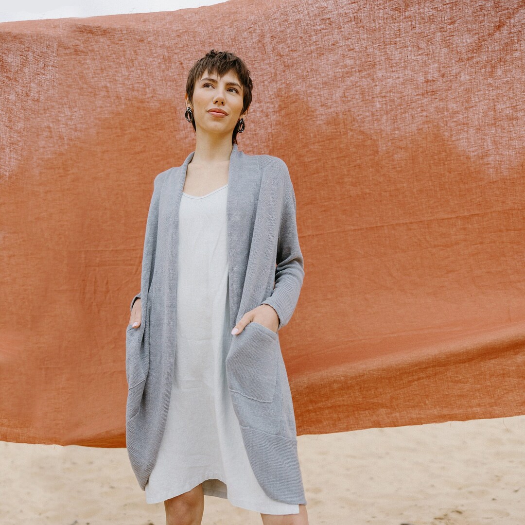 Open Type Gray Linen Knit Cardigan With Pockets, Handknitted Linen ...