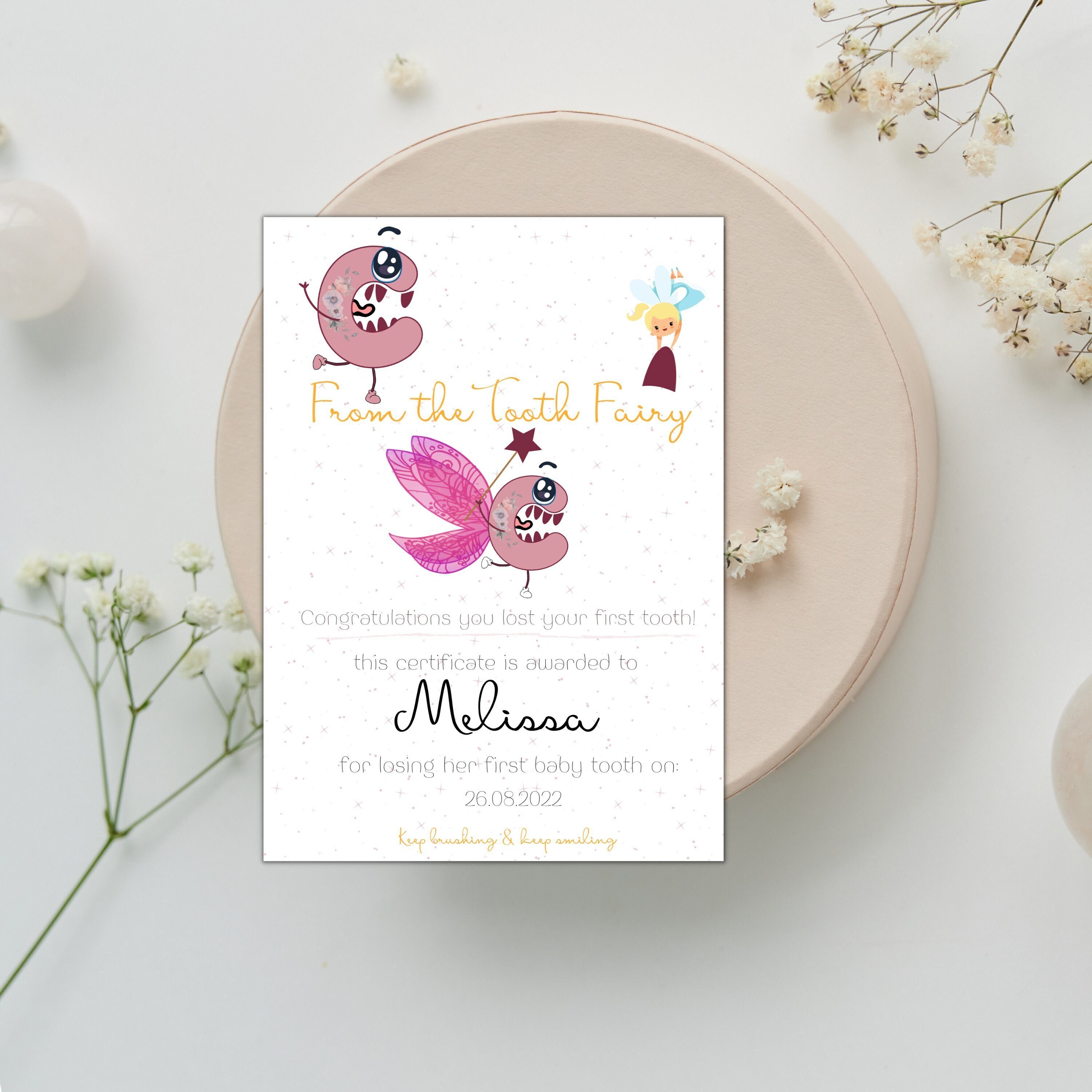 Tooth Fairy Certificate First Tooth Loss Cute Fairy Monster - Etsy