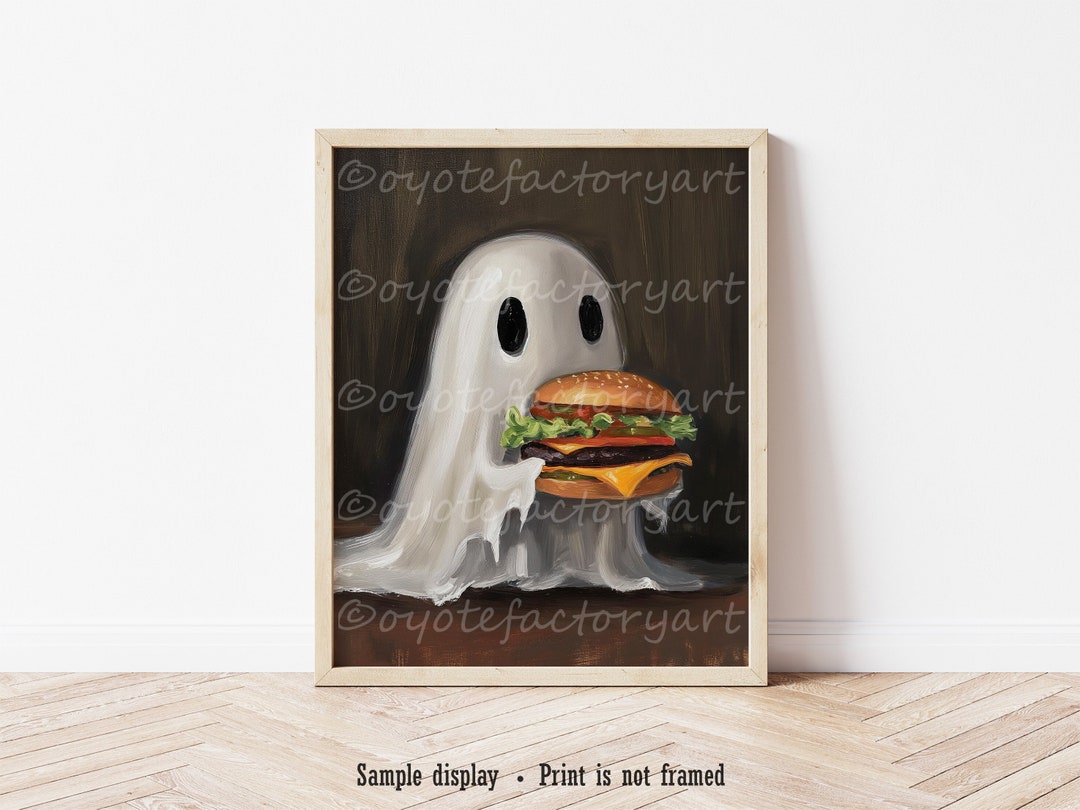 Cute Ghost Eating Burger Painting Poster Print or Canvas, Food Home ...