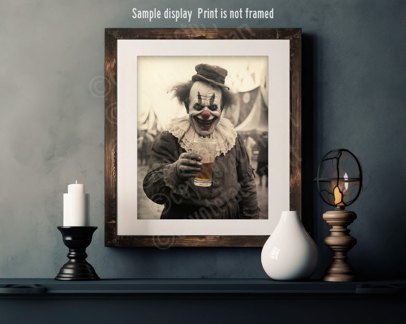 Creepy Clown Drinking a Beer, Odd Vintage Scary Carnival Circus Poster ...