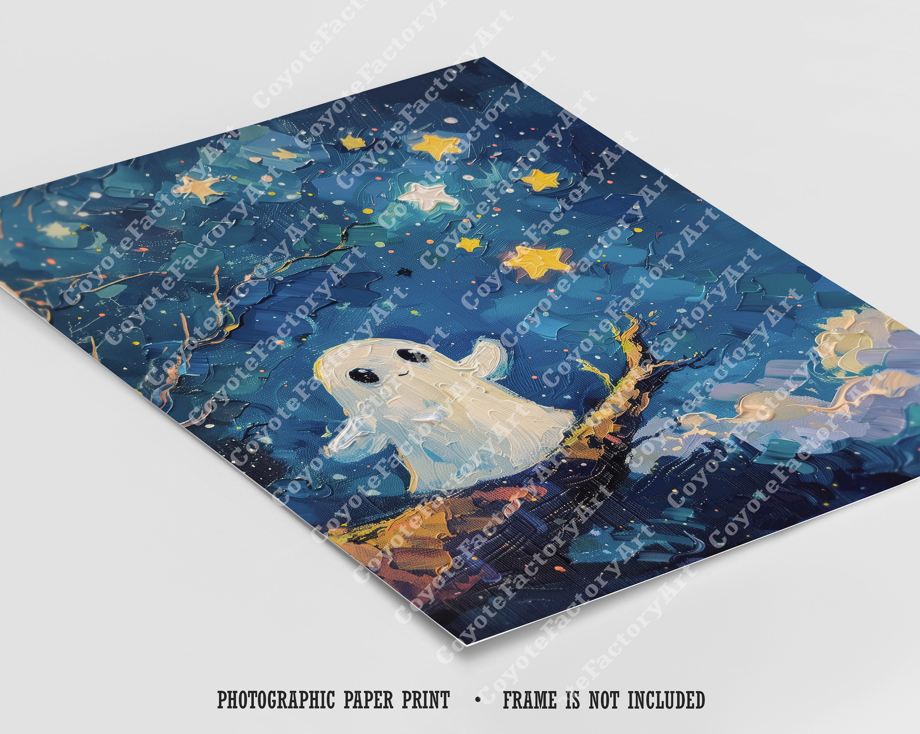 Cute Baby Ghost at Starry Night Painting Poster Print or Canvas ...