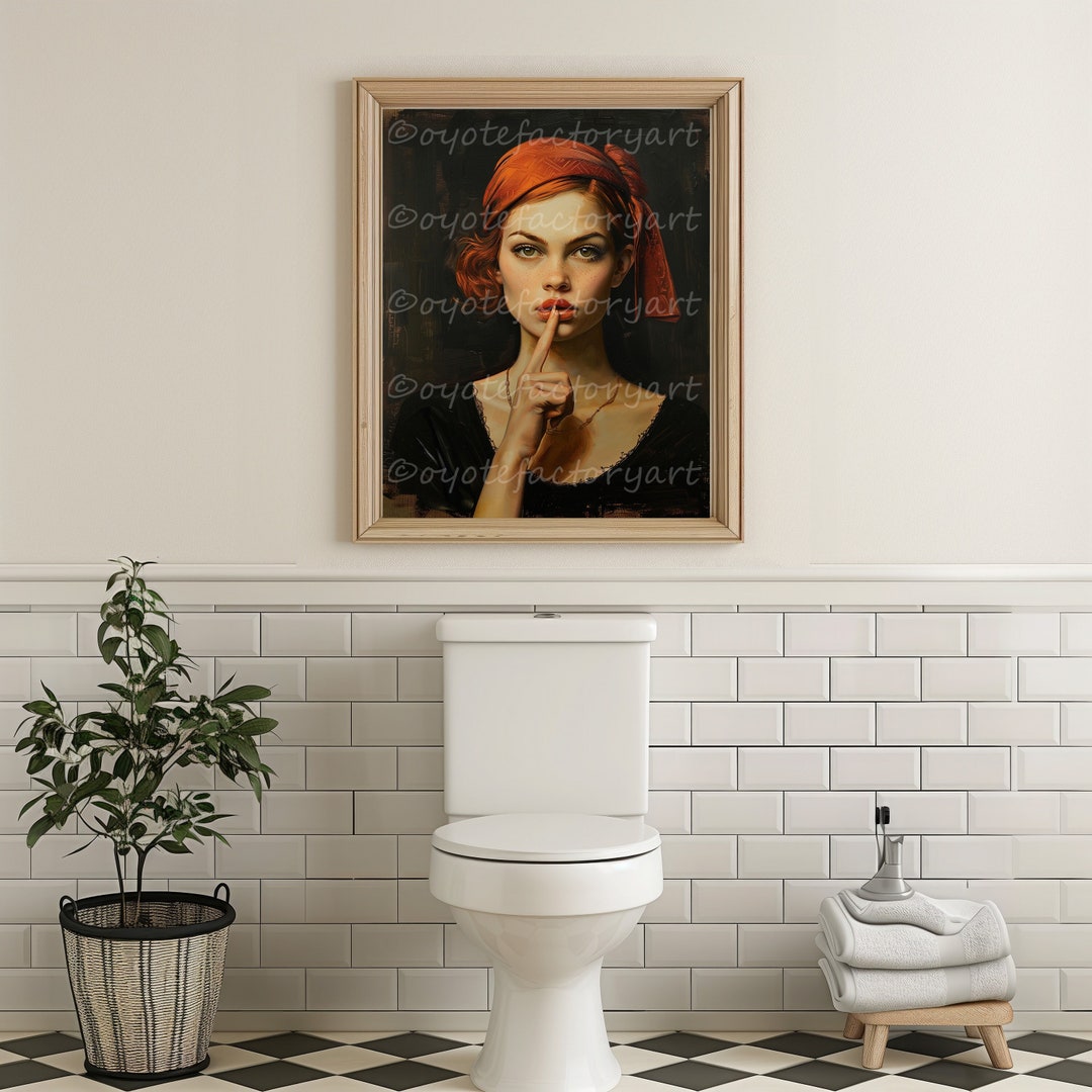 Quiet Please Funny Bathroom Poster Print or Canvas, Lady Painting, Shhh ...