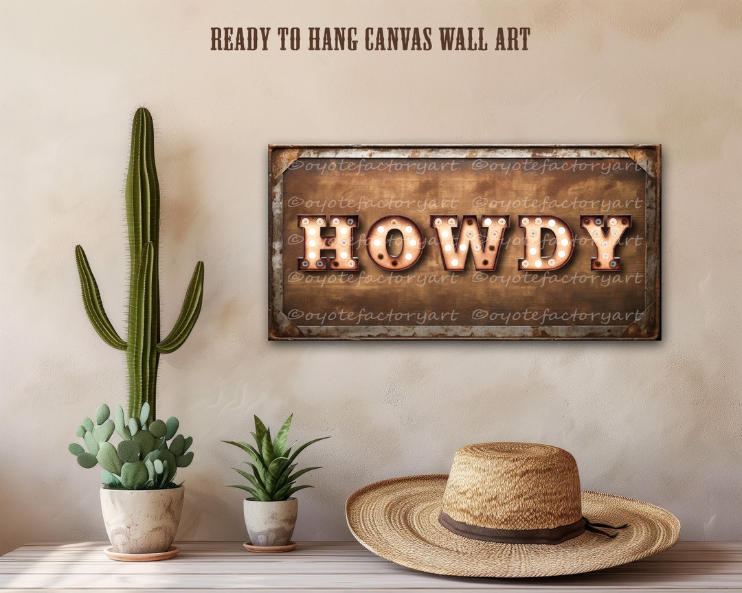 Howdy Typography Art, Industrial Canvas Ready to Hang, Western Rustic ...