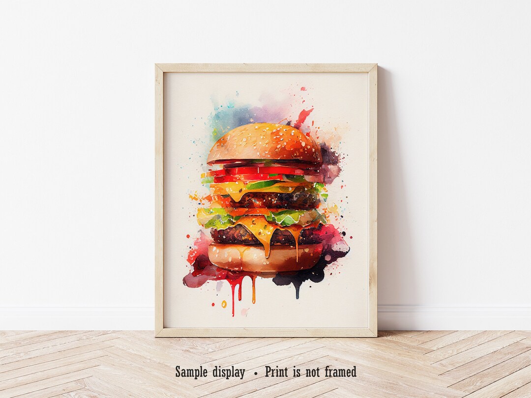 Watercolor Burger Print, Retro Cheeseburger Painting, Kitchen Wall Art ...