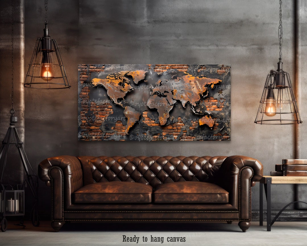 Industrial World Map Canvas Wall Art, Ready to Hang, Grey Brown Wall ...