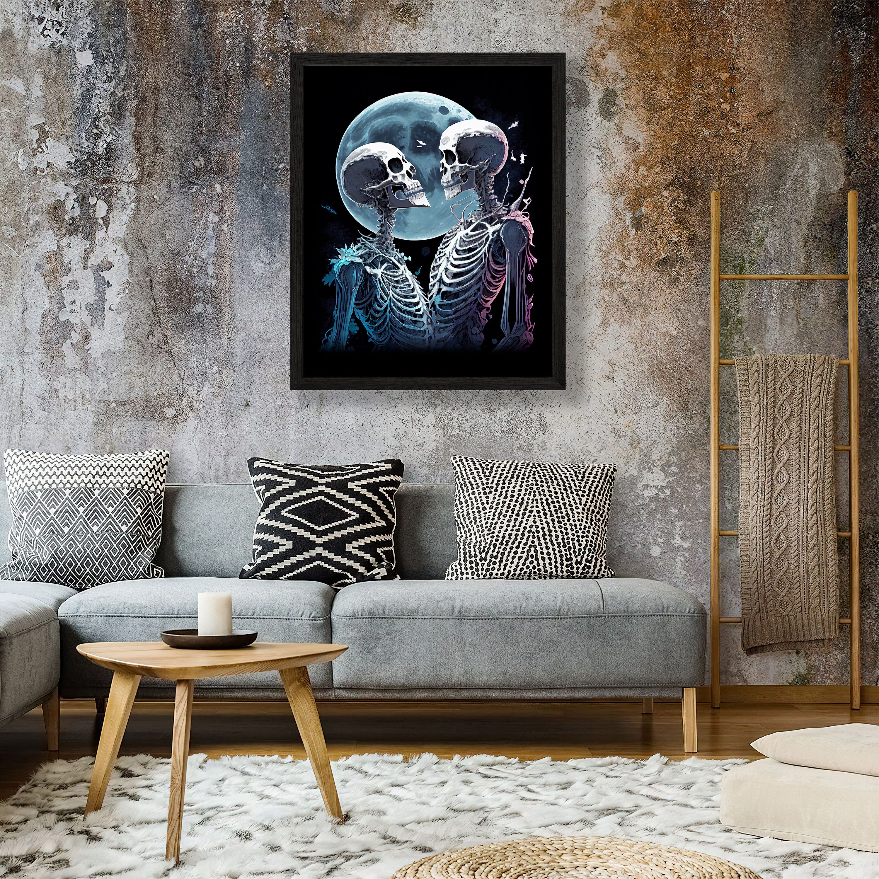 Skeleton Couple Art Print, Gothic Romantic Moon Skull, Love Wall Decor ...