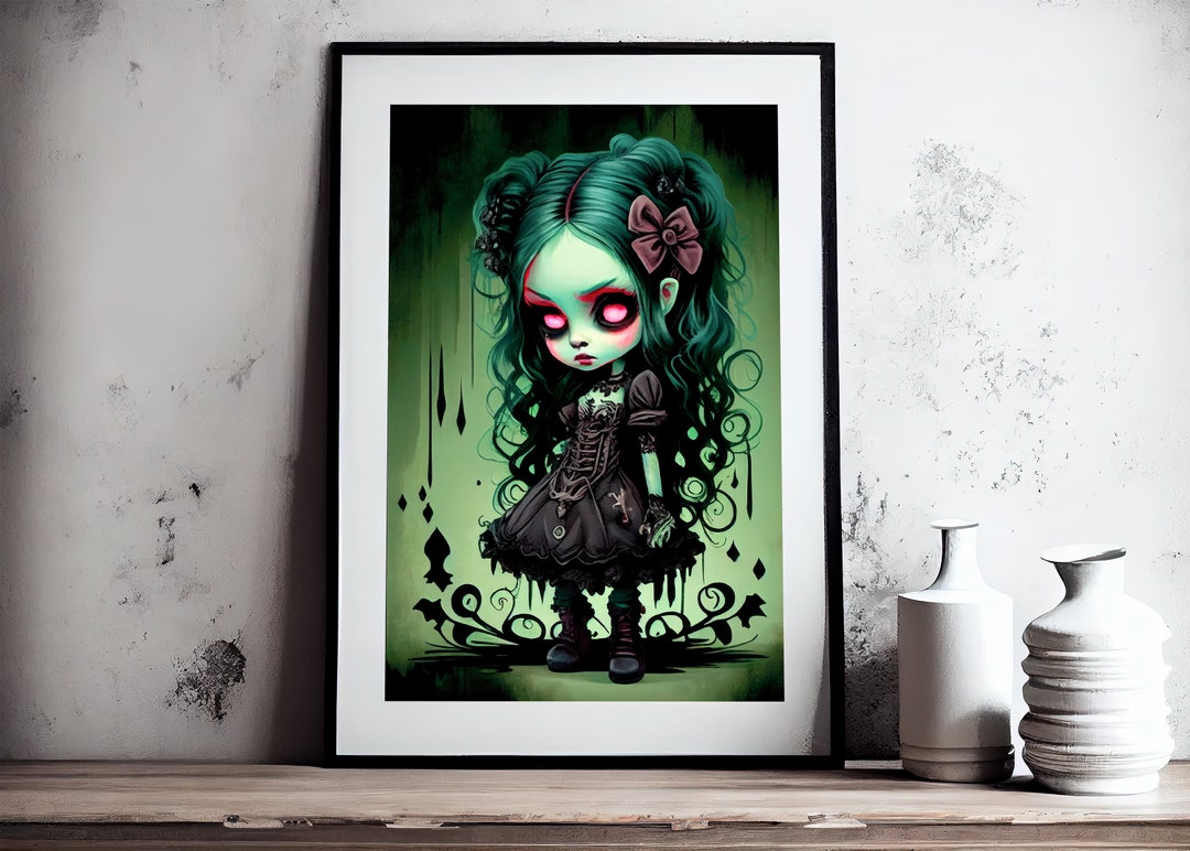 Creepy Cute Doll Goth Girl Illustration Poster Print or Canvas, Spooky ...