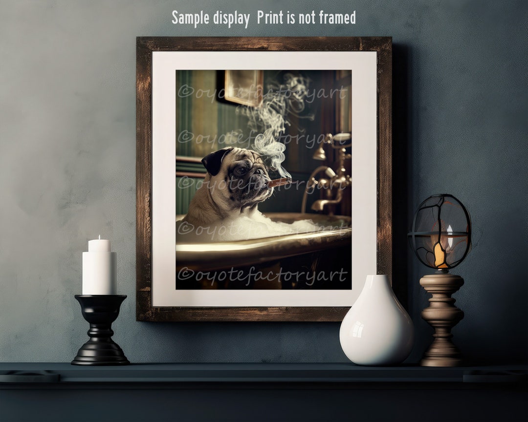 Pug in Bathtub Poster Print or Canvas, Funny Dog Smoking Cigar Bathroom ...