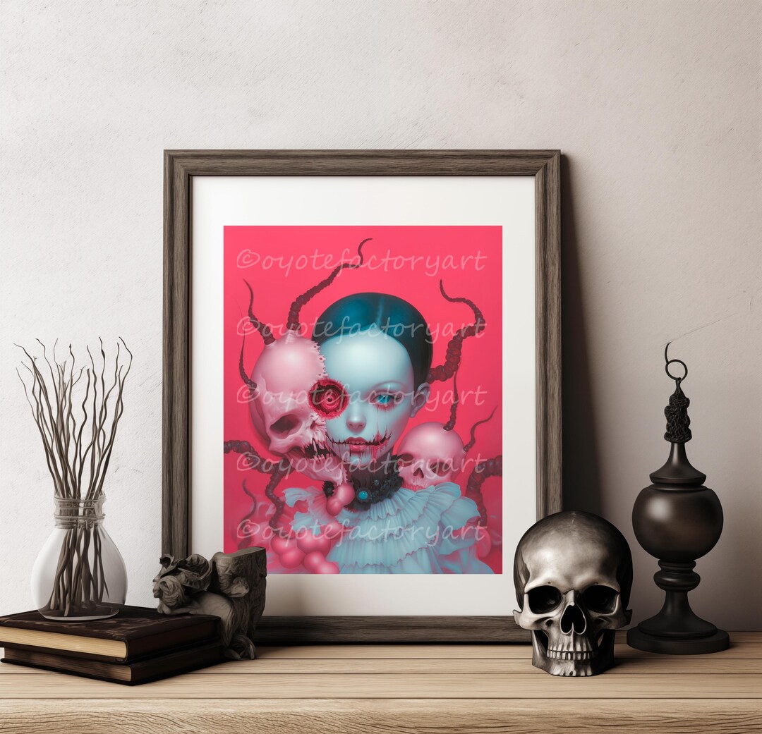 Pink Gothic Horror Girl Portrait – Surreal Creepy Skull Demon Art ...