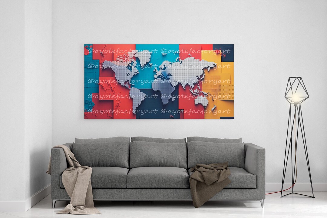 Modern World Map Canvas Wall Art, Colorful Wall Decor, Abstract Modern ...