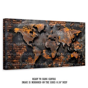 Industrial World Map Canvas Wall Art, Grey Brown Wall Decor, Abstract ...
