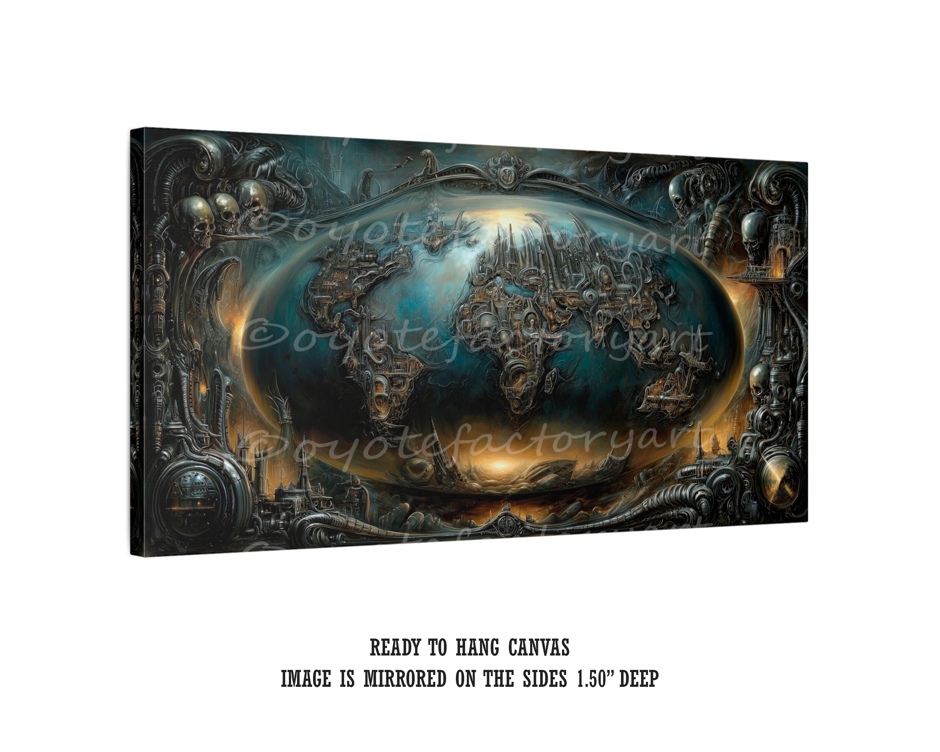 Dystopian Industrial World Map Canvas Wall Art, Futuristic Steampunk HR ...