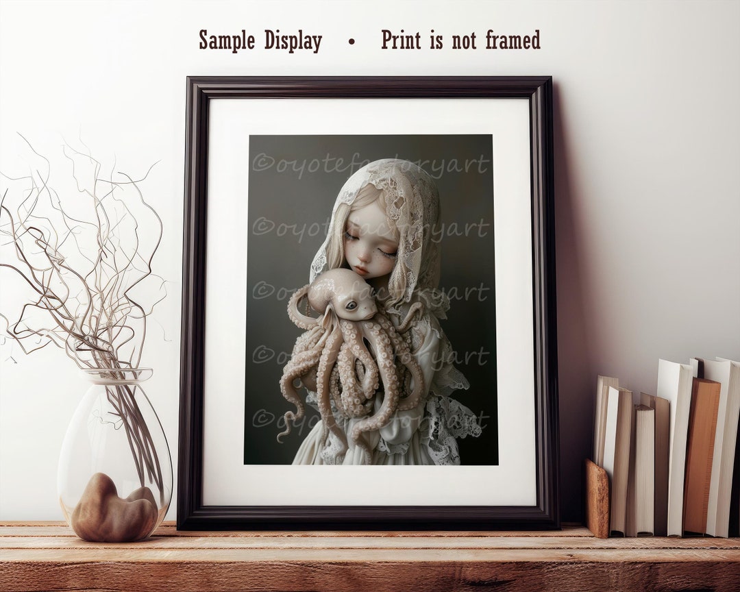 Cute Girl With Baby Octopus, Surreal Disturbing Beauty Poster Print or ...
