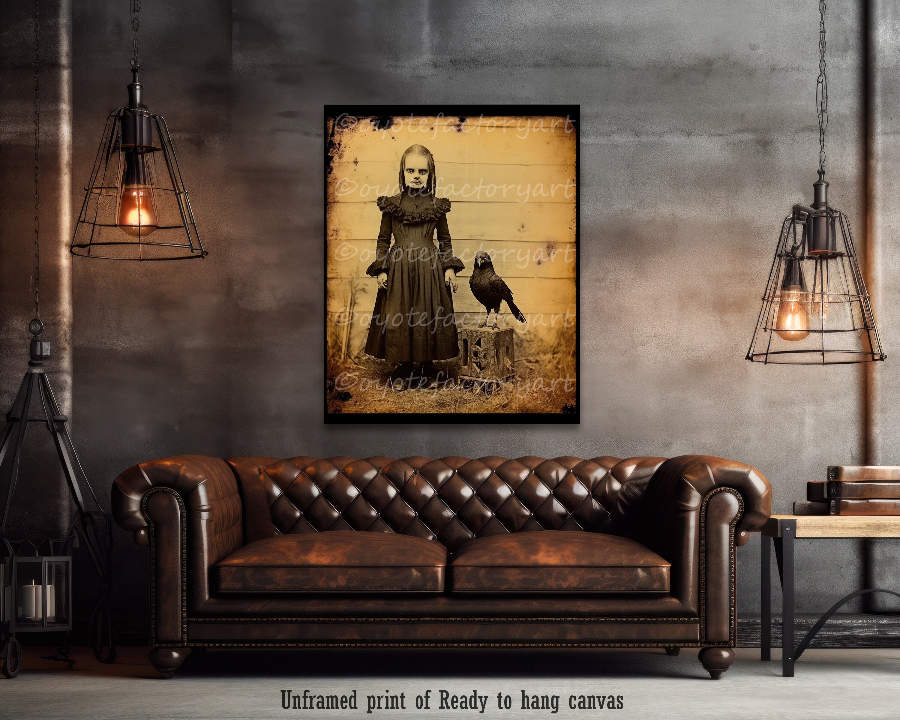 Weird Creepy Girl and Dark Raven, Odd Vintage Freak Art, Gothic Occult ...