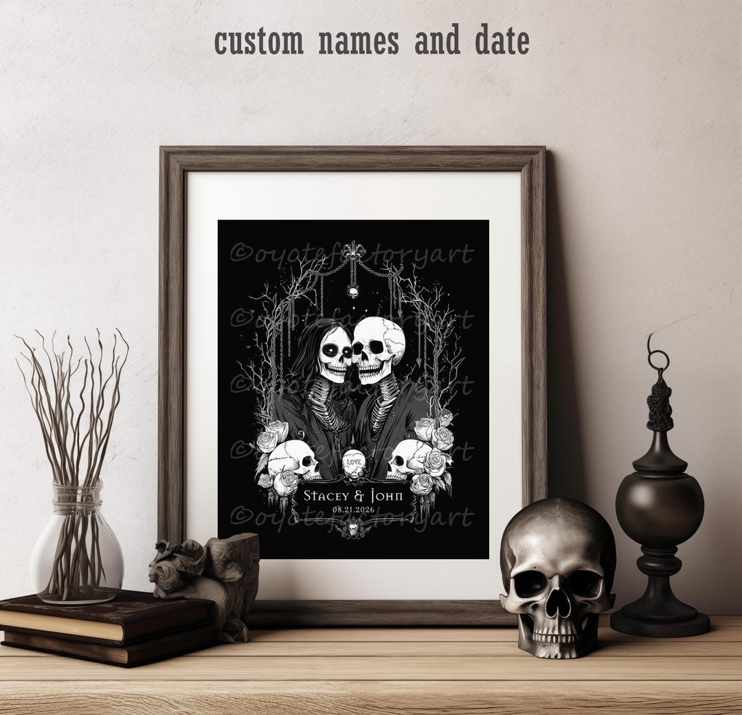 Occult Skeleton Couple Art, Personalized Wedding Names and Date, Gothic ...